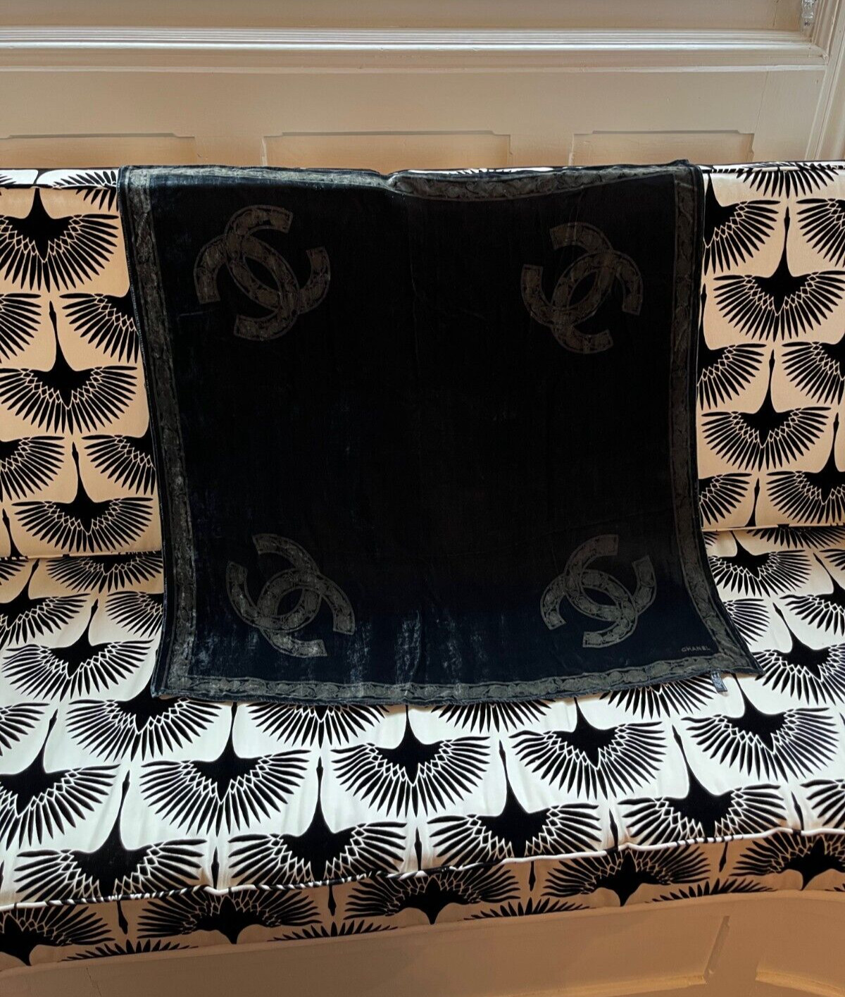 CHANEL Vintage Dark Gray Velvet Scarf Logo Pattern - Gem