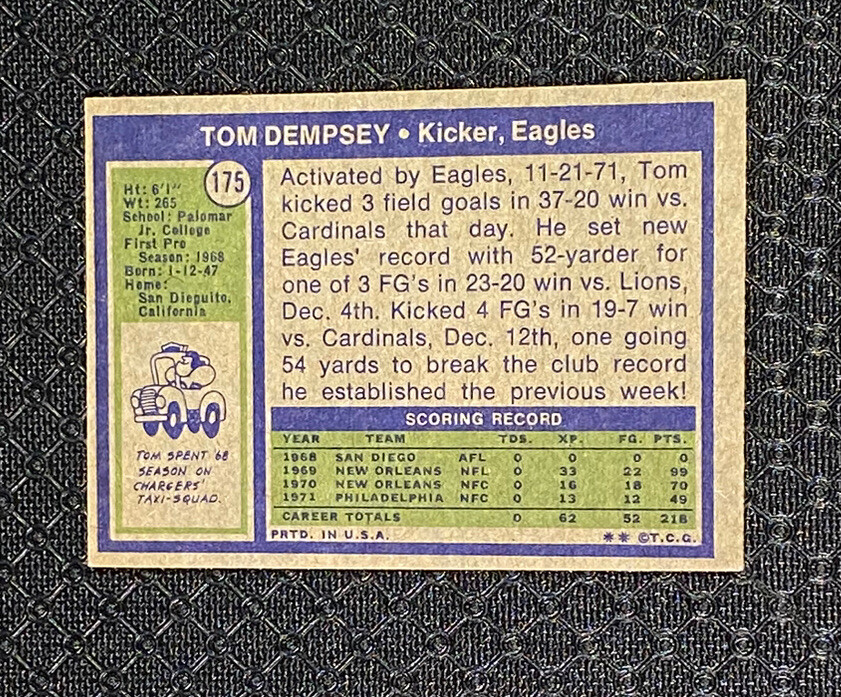 Tom Dempsey 1972 Topps Football Card #175 Philadelphia Eagles Pro ...