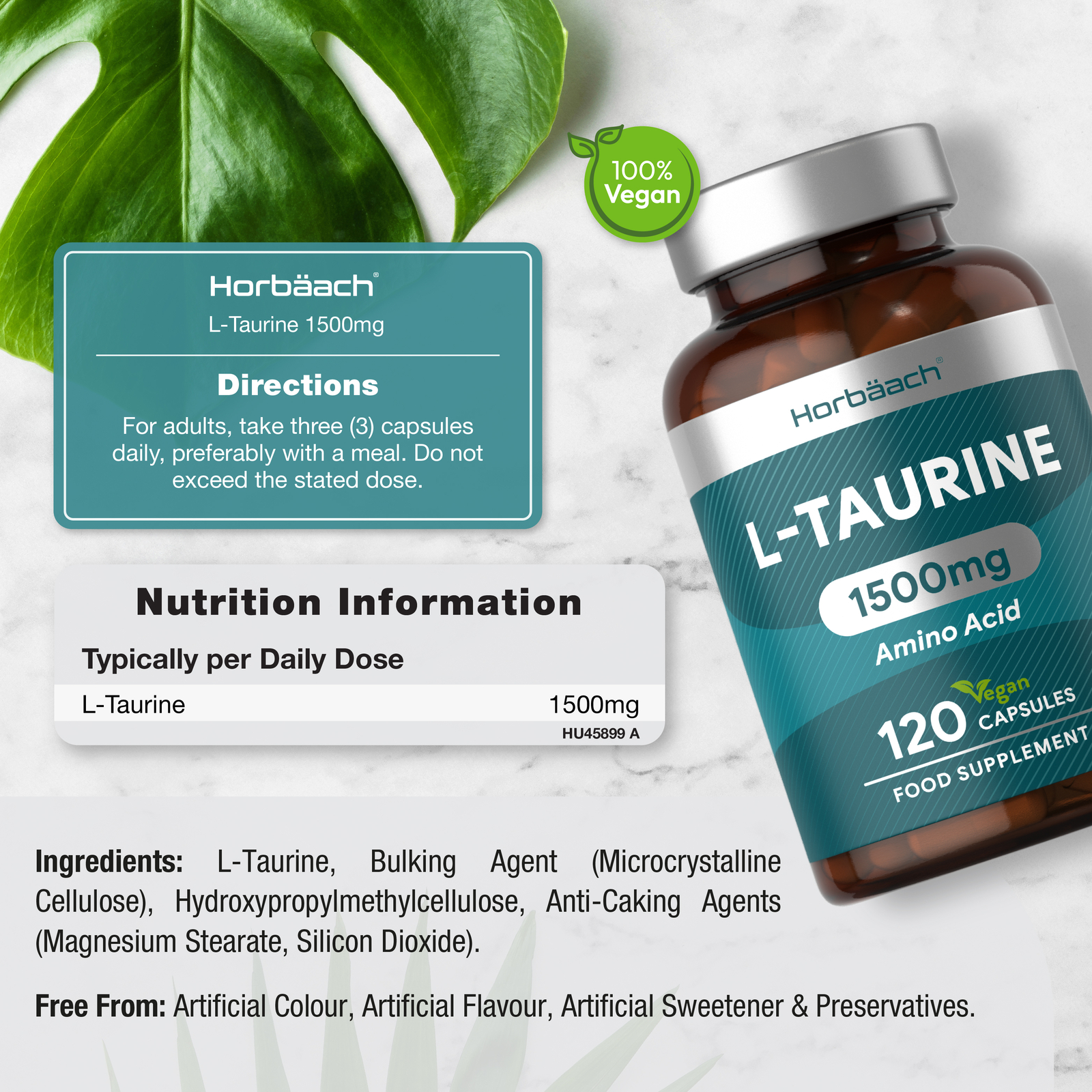 L-Taurine Supplement | 1500mg | 120 Vegan Capsules | Amino Acid | by ...