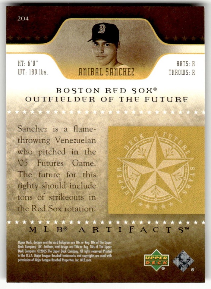 2005 Upper Deck Artifacts Anibal Sanchez #/799 Rookie #204 | eBay