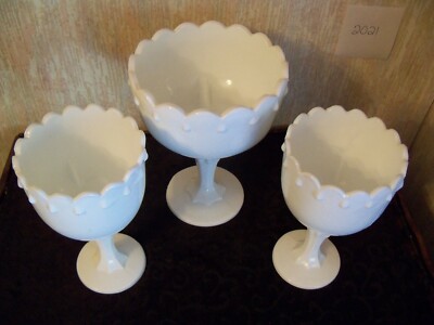 3 MATCHING WHITE GLASS - VTG COMPOTES - 2 SIZES | eBay