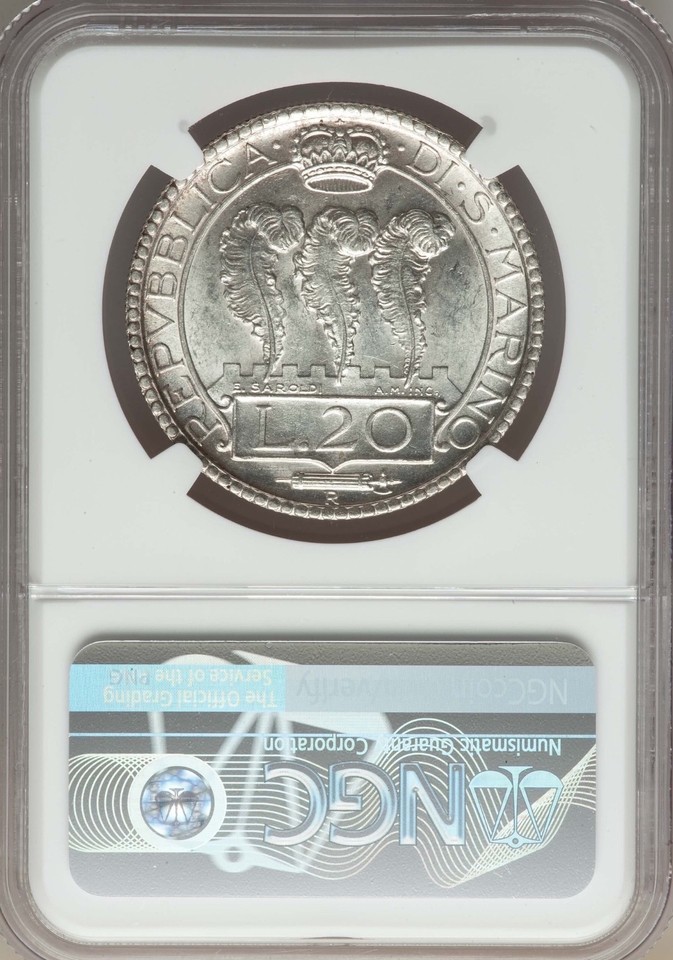 SAN MARINO 1935-R 20 LIRE SILVER COIN, CHOICE UNCIRCULATED, NGC CERTIFIED MS63 | eBay
