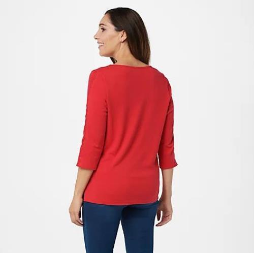 Quacker Factory Size 2X Blue 3/4-Sleeve Top with Lace and Rhinestone ...