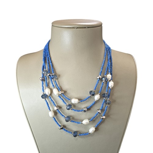 Women's Statement Necklace Blue Beaded Freshwater Pearls Multi Layered ...