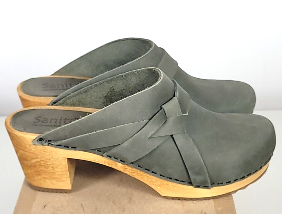 NIB - Sanita MANUELLA Khaki Green/Gray Leather Wood Danish Clogs Sz 37 ...