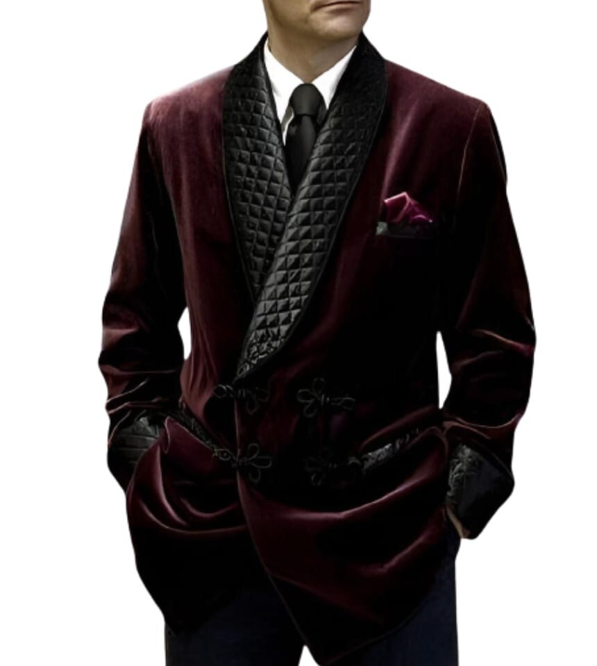 Men Vintage Velvet Smoking Suits Jacket Robe Shawl Lapel Tuxedo Blazer ...