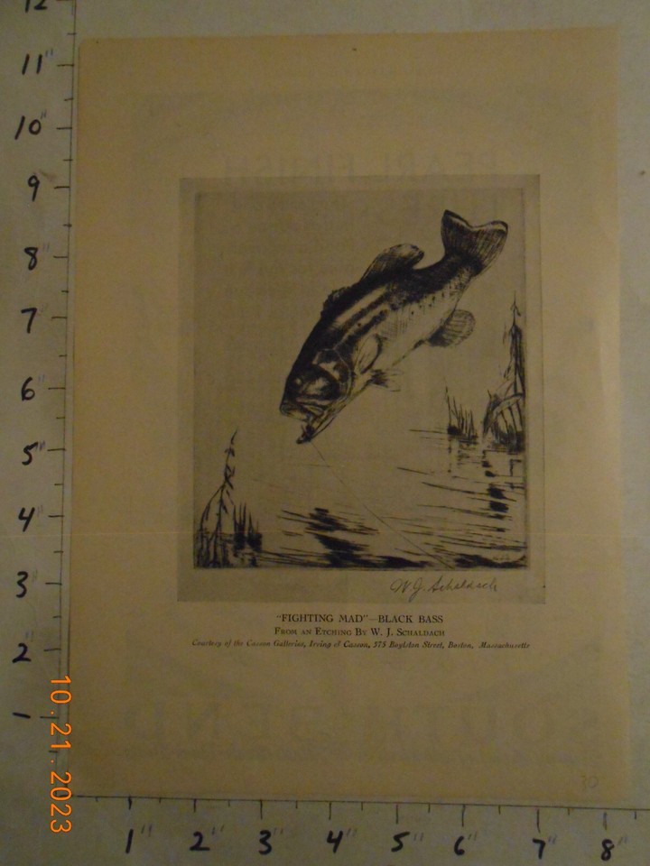 1930 South Bend fishing lure tackle AD W.J. Schaldach etching Fightin ...
