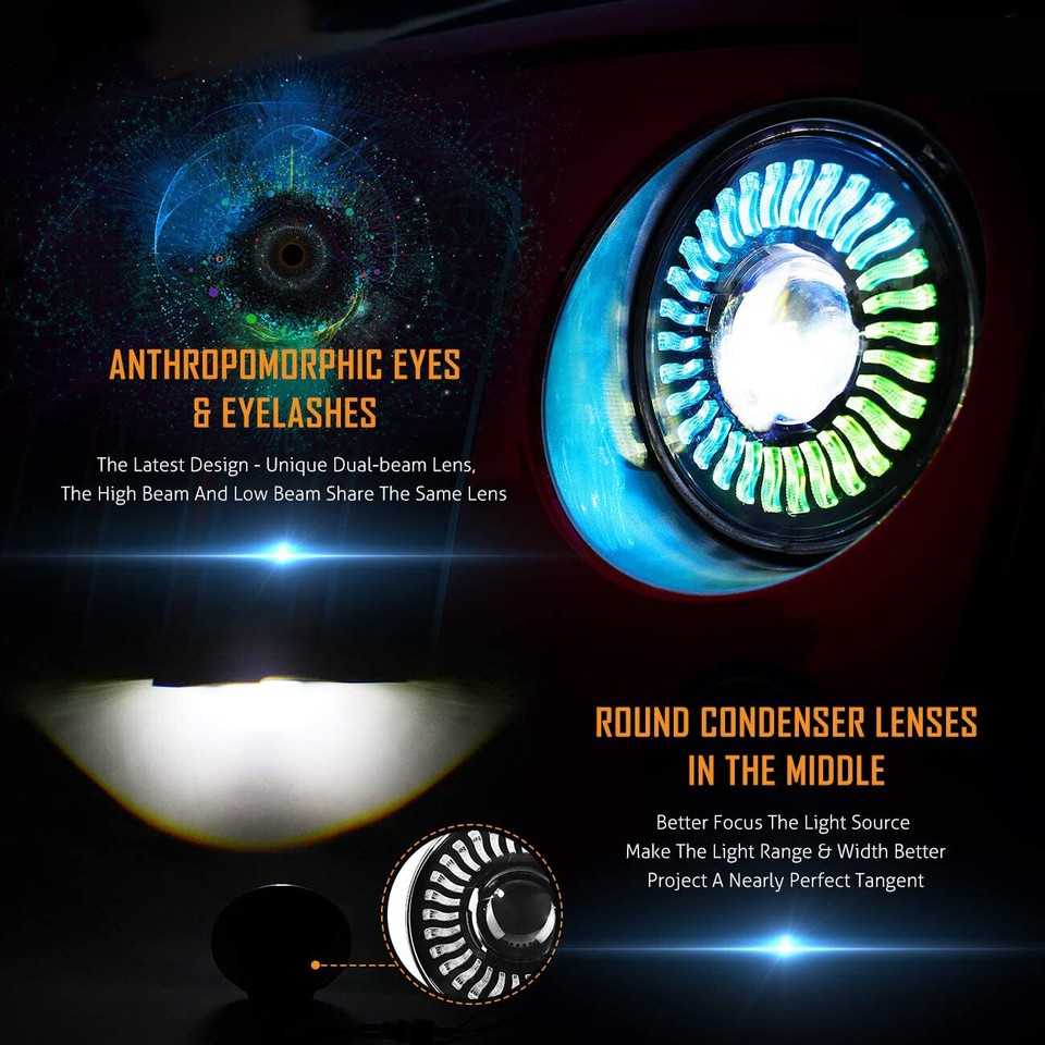 RGB Demon 7" inch LED Headlights+4'' Fog Lights For Jeep Wrangler JK ...