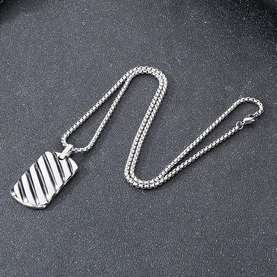 Men's Silver Stainless Steel ID Tag Pendant Necklace Rope Chain 3mm*24 ...