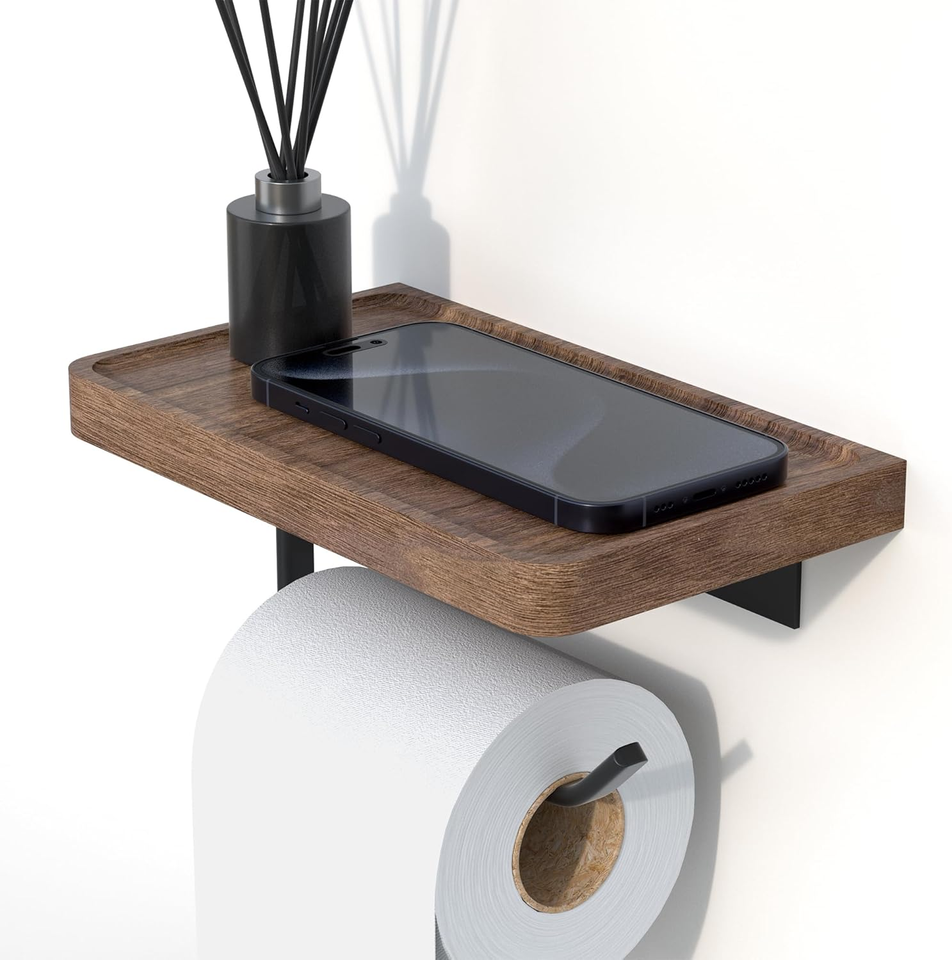 Toilet Paper Holder with Black Walnut Wood Shelf, Wall Mounted ...