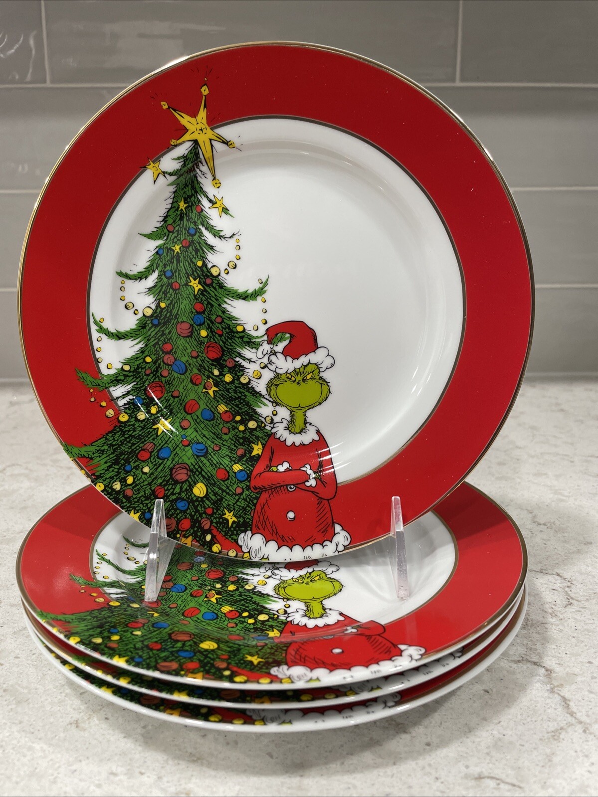 Set of 4 GRINCH TREE 8” Salad Dessert Side Plates Gold Rim Christmas ...