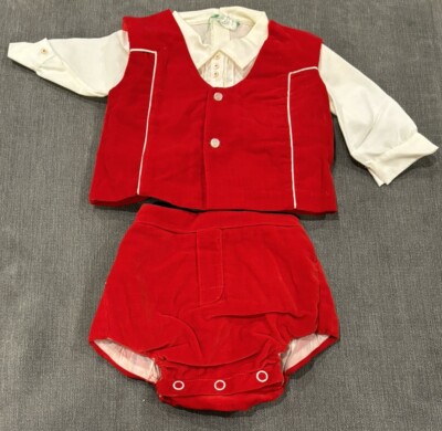 VTG Baby Boy/Toddler Red Velvet Outfit Shirt, Vest PLASTIC/VINYL LINED ...