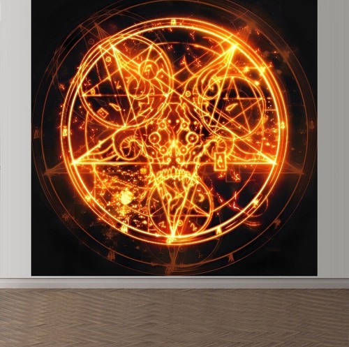 Wall Printed Fabric Inverted Pentagram Reversed Cross Goat Head Fire ...