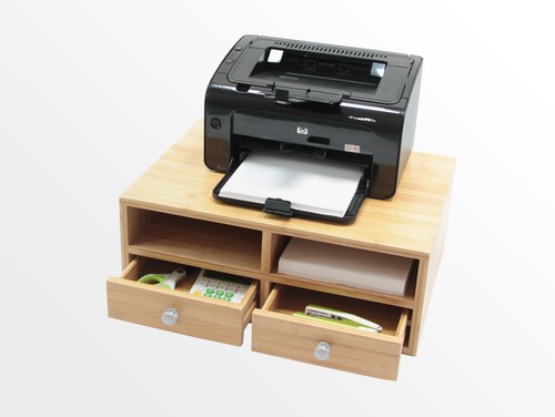 Bamboo Printer Monitor Stand Desk Tidy with Drawers Home Office Storage ...