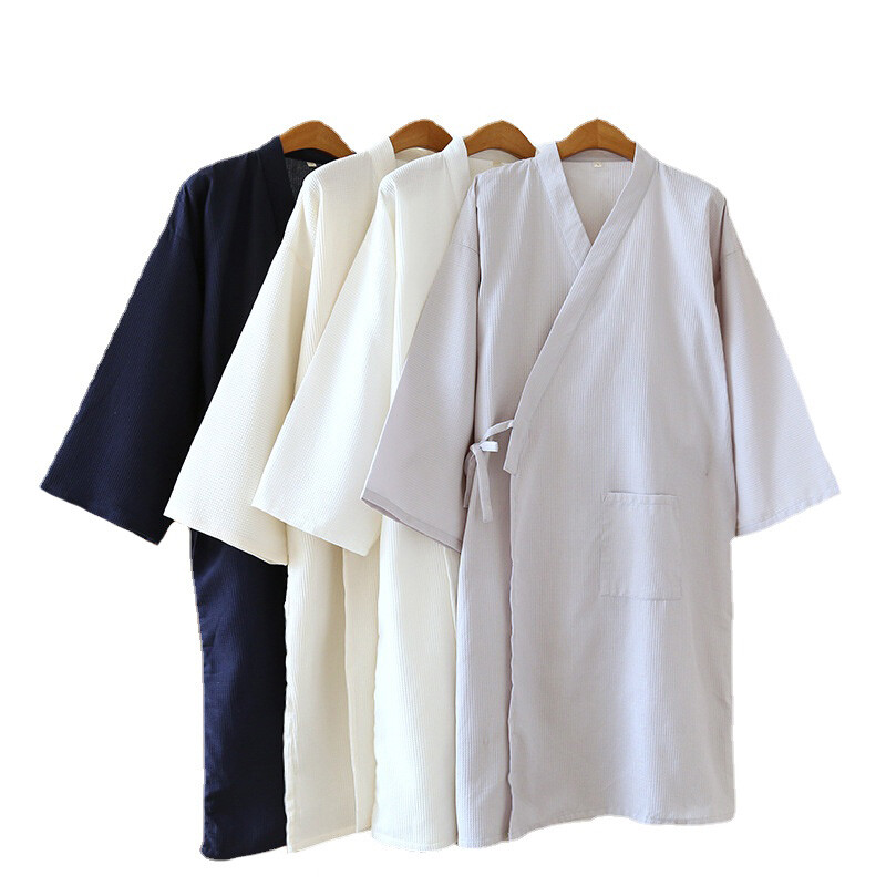 Men Cotton Waffle Robe Loose Fit Lace Up Kimono Bathrobe Lightweight ...