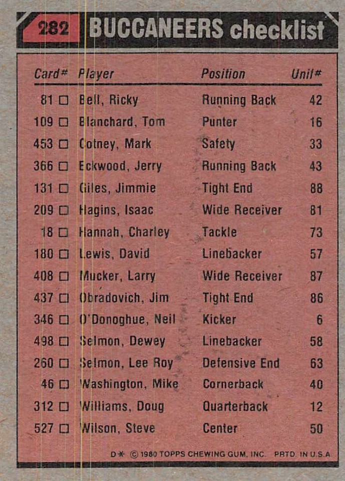 1980 Topps #282 Ricky Bell/Isaac Hagins/Lee Roy Selmon Buccaneers TL NM ...
