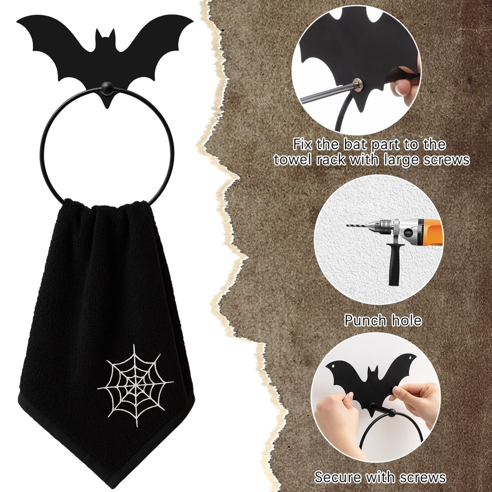 2pcs Gothic Bat Metal Towel Rings Halloween Bat Towel Holder Oil Rubbed ...