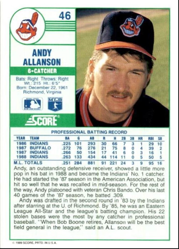1989 Score Baseball Card Andy Allanson Cleveland Indians #46 | eBay