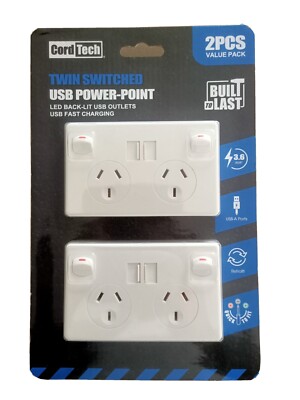 Cordtech 10A Twin Switch Power Point with 2 Fast Charging USB A Outlets ...