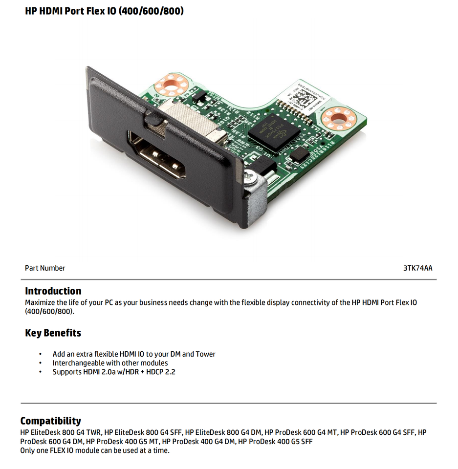 HP Flex IO Card DisplayPort HDMI VGA RS232 Port for EliteDesk 800 G4 ...