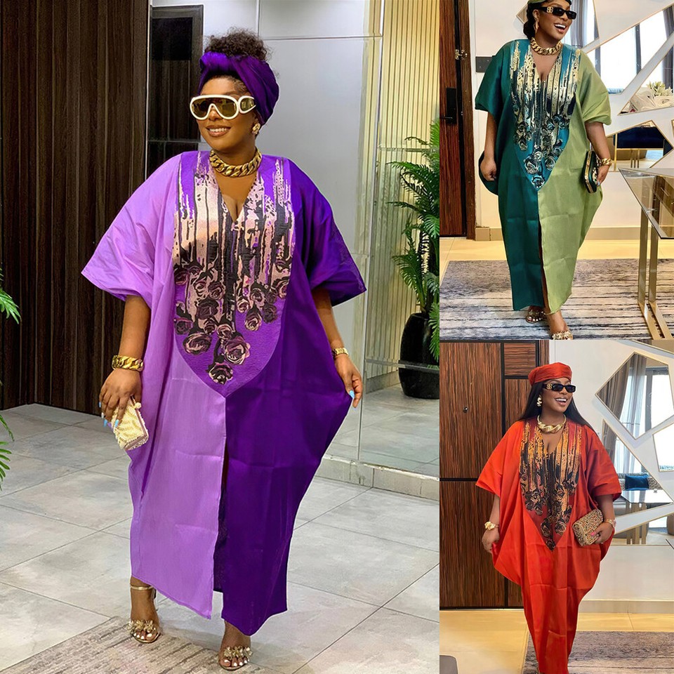 Summer Satin Women African Dashiki Oversize Kaftan Maxi Dress With ...