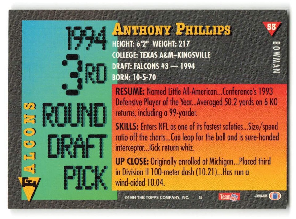 Anthony Phillips 1994 Bowman FOOTBALL #53 Atlanta Falcons | eBay