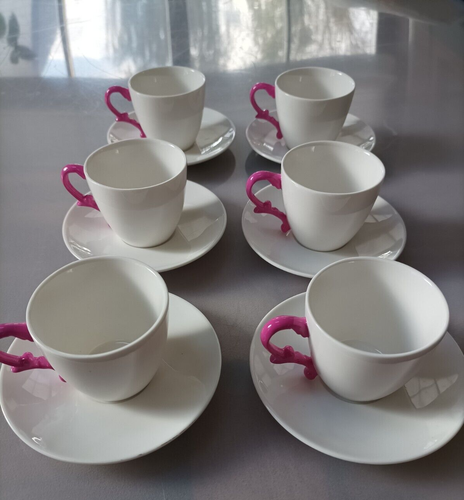 Silea Porcelain Coffee Espresso Cups Set Of 6 White With Pink Handles ...
