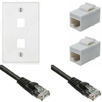 Combo Ethernet Wall Plate, 2 Cat6 RJ45 Couplers 2 Jacks F/F 14 FT Cat5e ...