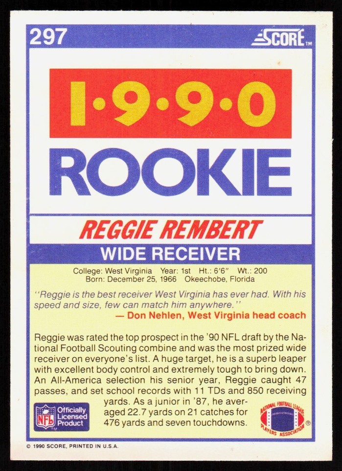 1990 Score Reggie Rembert RC West Virginia Mountaineers #297 | eBay
