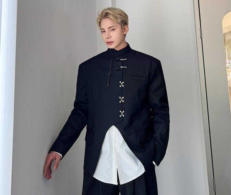 Men's Fashion Chinese Style Stand Collar Long Sleeve Loose Asymmetrical ...