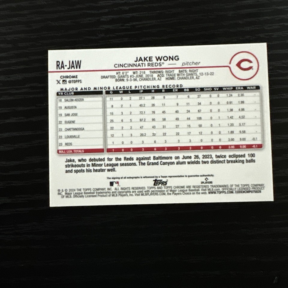 2024 JAKE WONG TOPPS CHROME RAYWAVE BLUE REFRACTOR RC AUTO /150 REDS | eBay