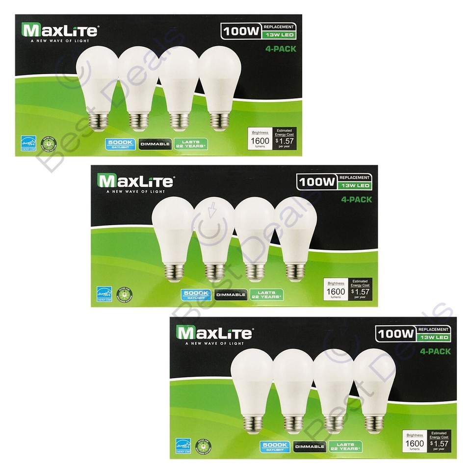 12 Pack Maxlite Dimmable LED 13W Daylight Light Bulb A19 100W ...