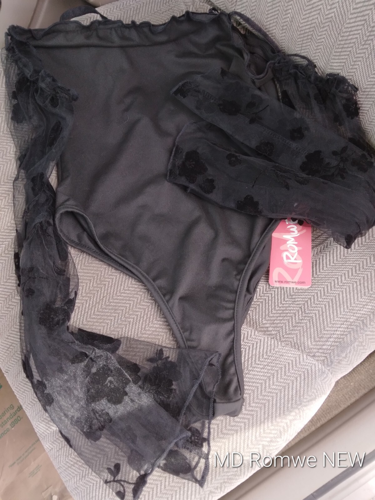 NEW with Tags Romwe Floral Off-Shoulder Sheer Long Sleeve BLACK ...