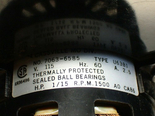 REVCOR Inc. Cassville 7063-6585 Type U63B1 115V 1/15HP 1500RPM Blower ...