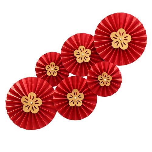 6Pcs Red Paper Fan Flowers New Year Parties Paper Fans Set Paper Fans ...
