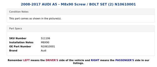 2008-2017 AUDI A5 - M8x90 Screw / BOLT SET (2) N10610001 | eBay