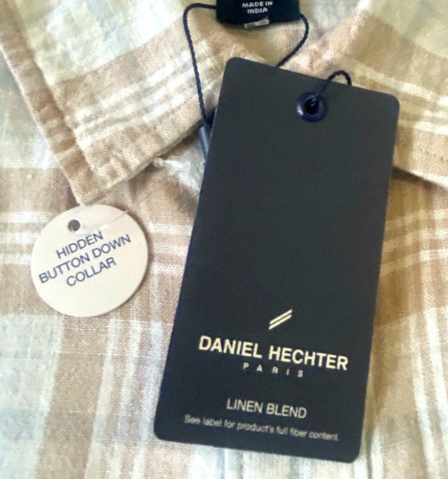 NWT Daniel Hechter Paris Men L Hidden Button Down Collar Shirt Linen Blend Plaid | eBay