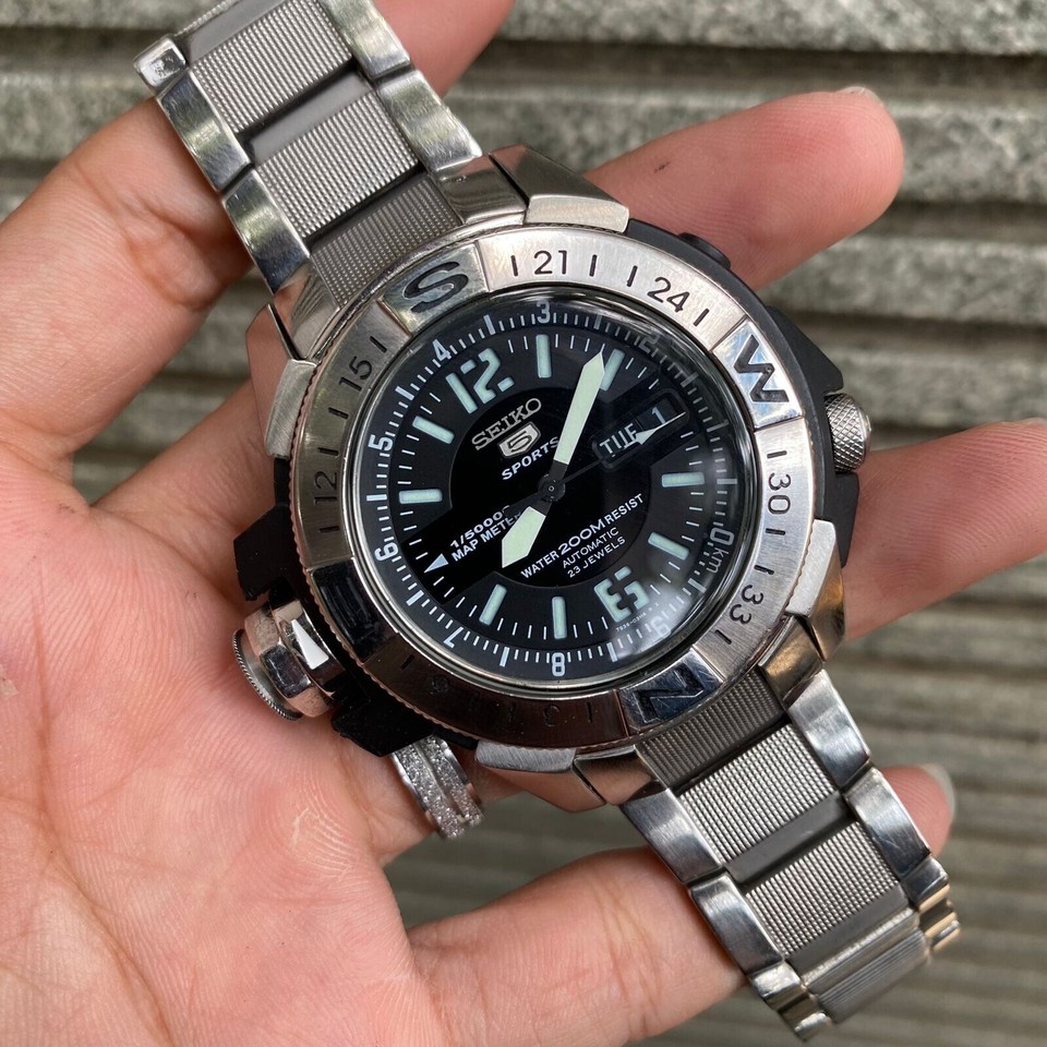 RARE Seiko 5 Sport Atlas Map Meter Automatic Black Dial Men Watch ...