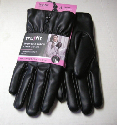 Ladies Gloves By Tru Fit W/Zipper Trim, Black Polyurethane Leather, One ...