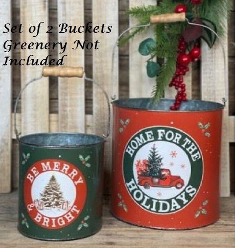 NEW FARMHOUSE MERRY CHRISTMAS BUCKETS Red Green Round BINS 2pcs Metal ...