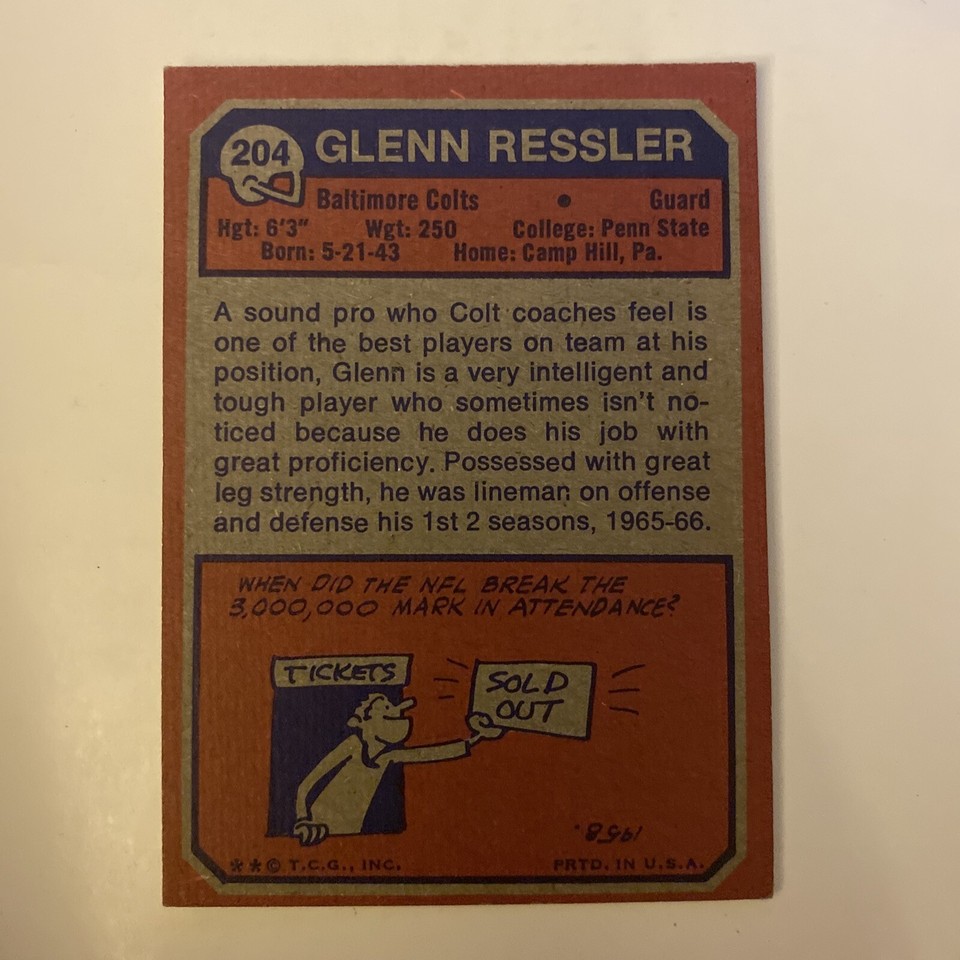 1973 Topps Football Glenn Ressler Baltimore Colts Card #204 | eBay