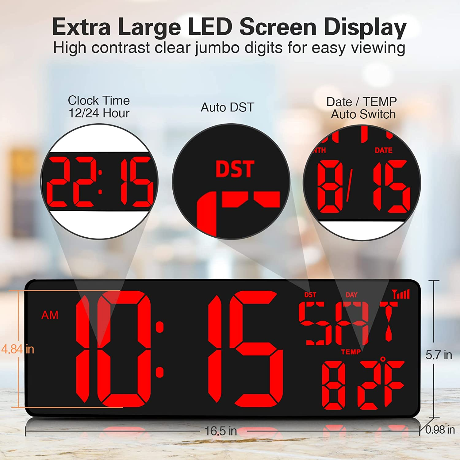 XREXS Large Digital Wall Clock Wifi Sync, 16.5 in Large Display Wall ...