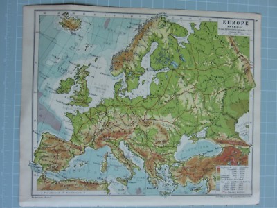 1933 MAP ~ EUROPE PHYSICAL LAND HEIGHTS BRITISH ISLES SPAIN ALPS ...