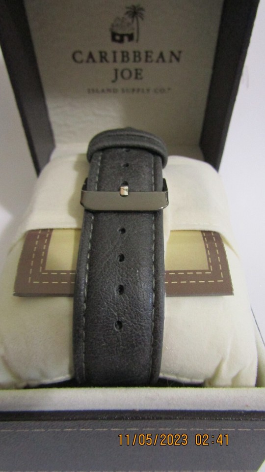 NIB CARIBBEAN JOE MENS LEATHER GREY FACE WATCH #CJ7134GU WORKS PERFECT ...
