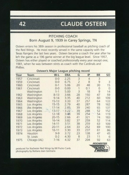 1995 Bill Pucko Rochester Red Wings Claude Osteen #42 signed autograph ...