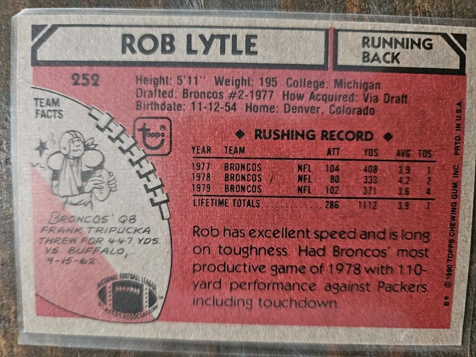 1980 Topps Rob Lytle Denver Broncos #252 | eBay