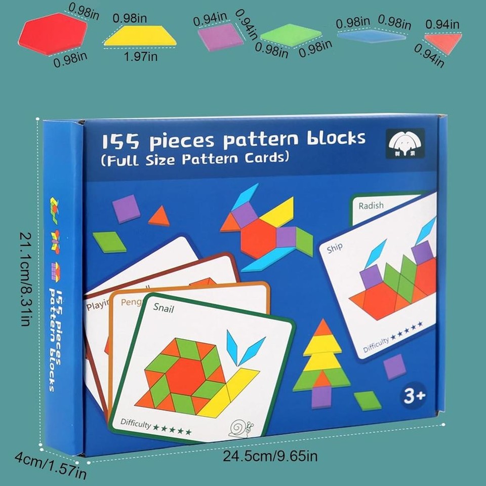 155 PCS Wooden Pattern Blocks Set, 24 Double-Sided Design Cards(48 ...