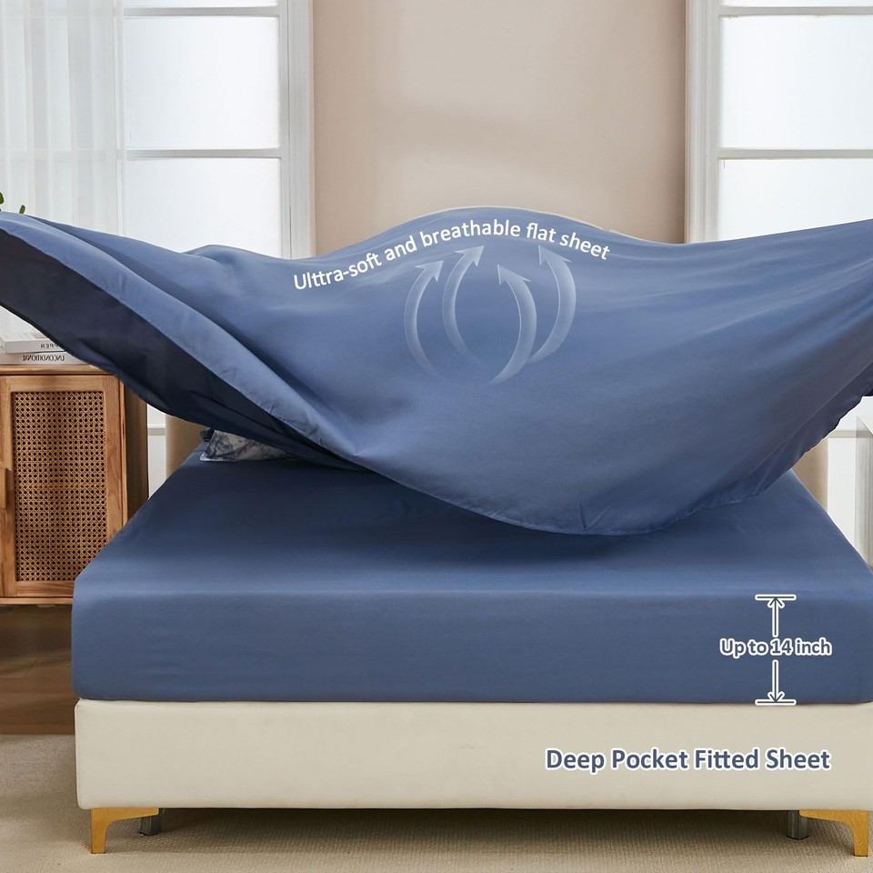 Blue Comforter Set Queen, 7 Pieces Bed in a Bag Queen Size Botanical ...