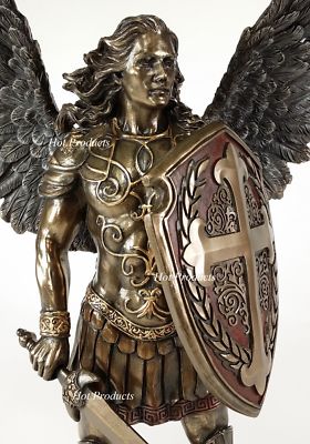 14" Saint Michael ARCHANGEL W Sword & Battle Shield Statue Bronze Color ...