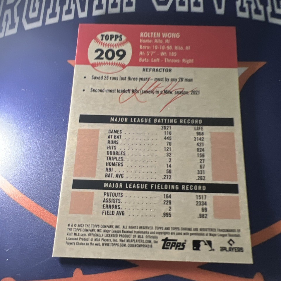 2023 Topps Chrome Platinum Anniversary Kolton Wong #209 Refractor ...